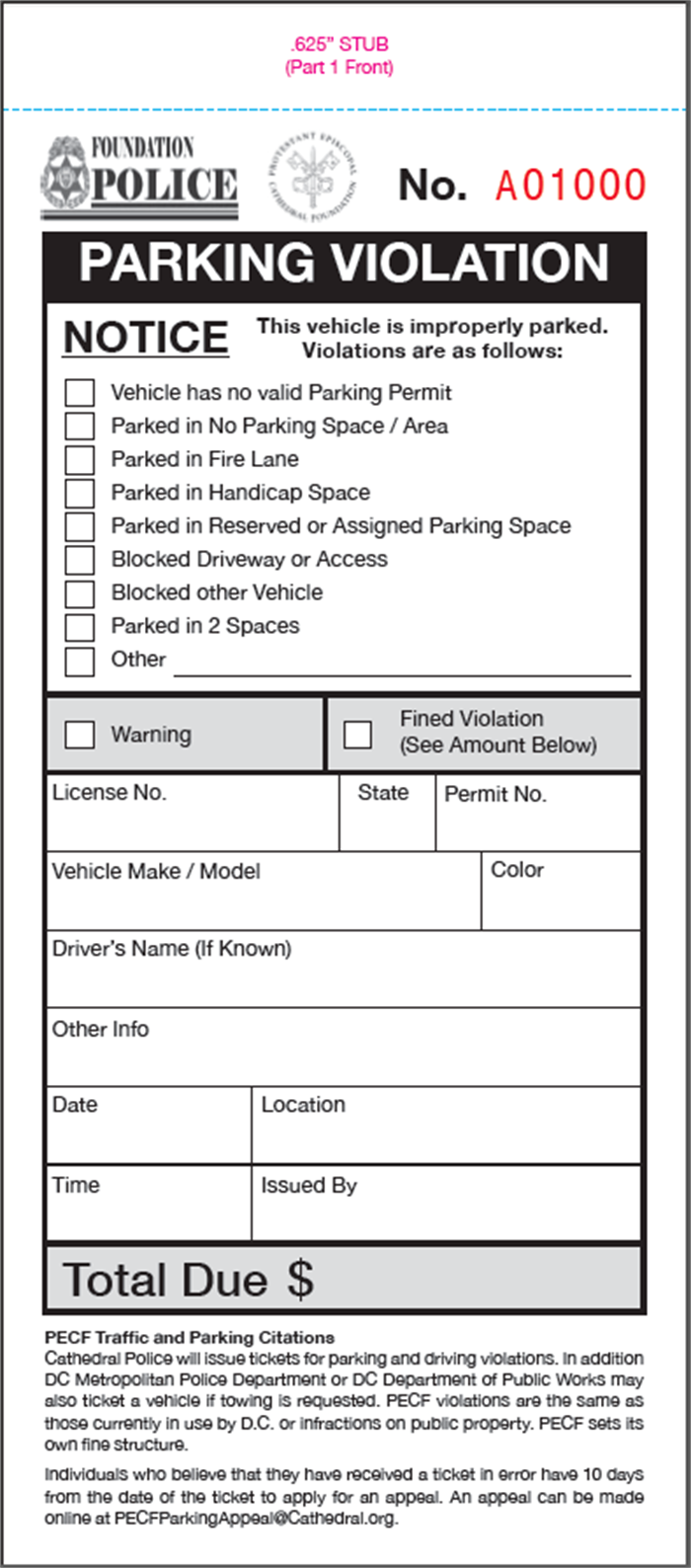 Parking Ticket With Attached Remittance Envelope For Washington 
