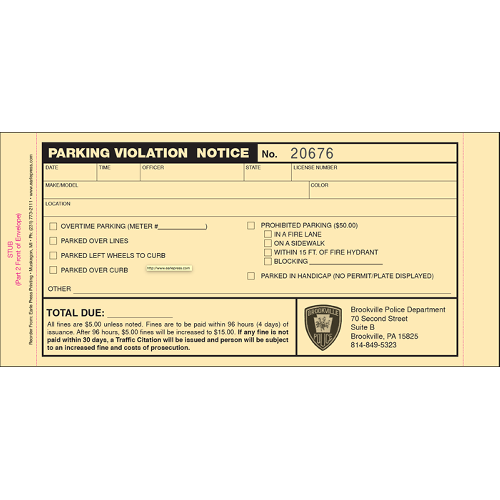 Brookville Police Department Wrap Around Parking Ticket With Detachable ...